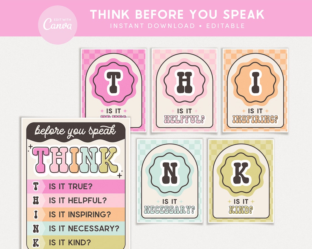 Editable Think Classroom Printable Posters, Think Before You Speak ...