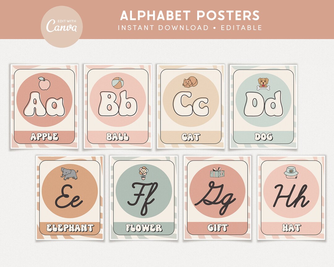 Alphabet Classroom Editable Posters, Groovy Letter Templates, Retro ...