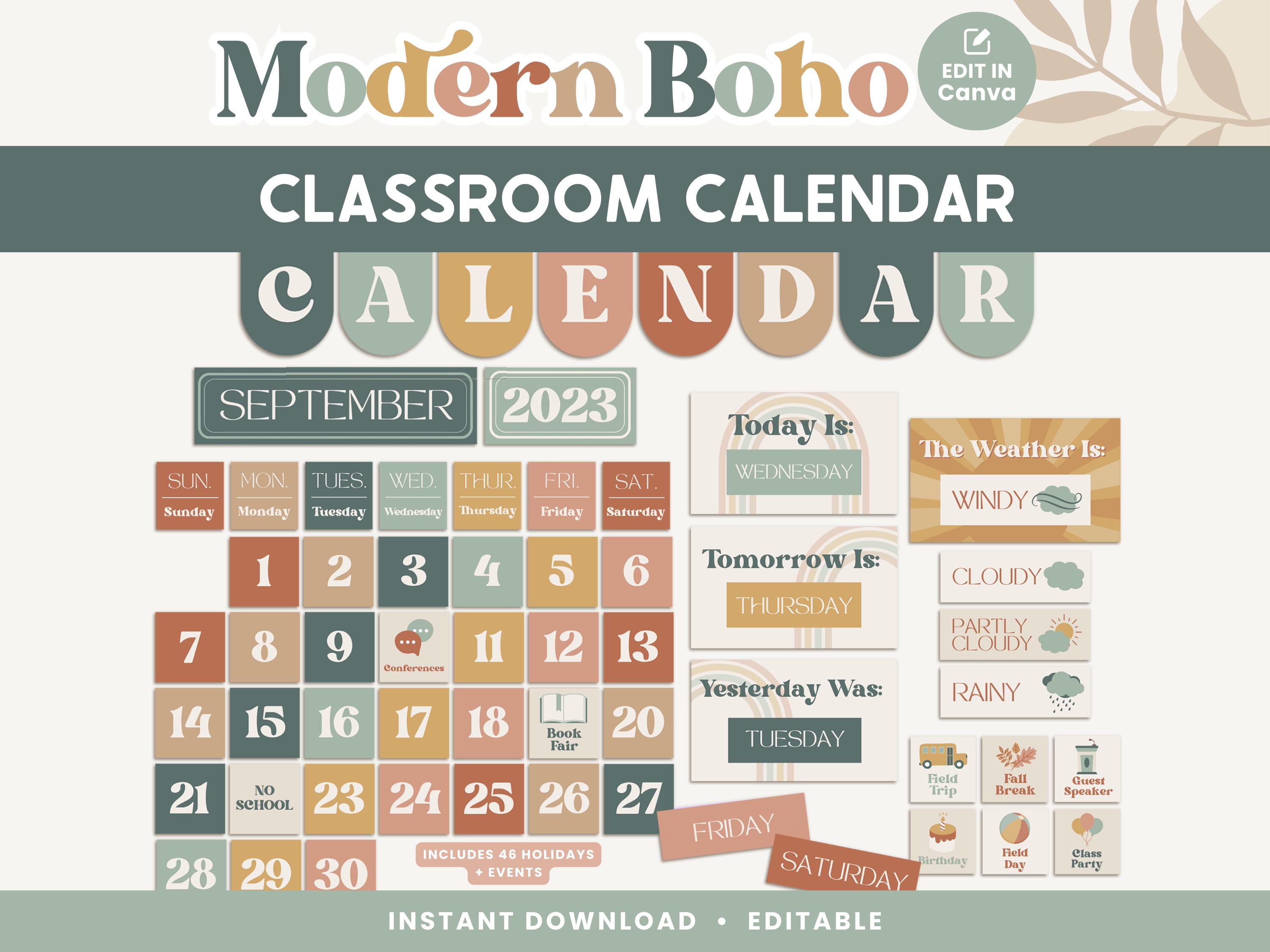 Classroom Calendar Display and Weather Station, Printable Modern Boho ...