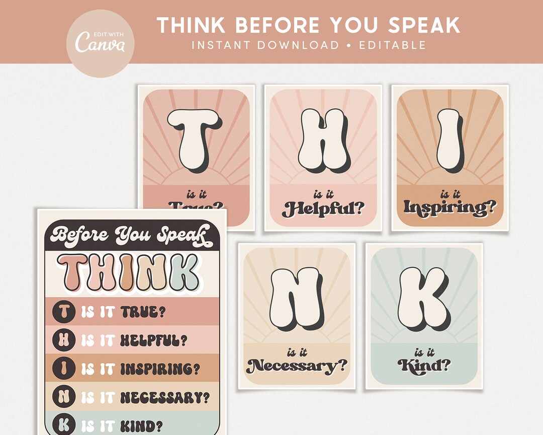 Editable Think Classroom Printable Posters, Think Before You Speak ...