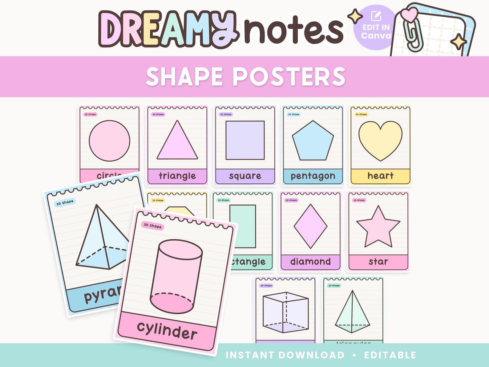 Editable Shape Posters for Classroom | Dreamy Notes Pastel Math Posters ...
