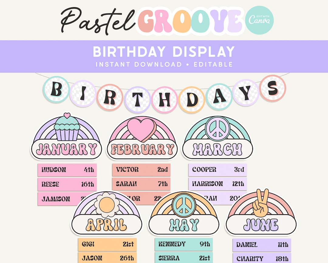 Classroom Birthday Printable Display, Editable in Canva, Groovy Pastel ...