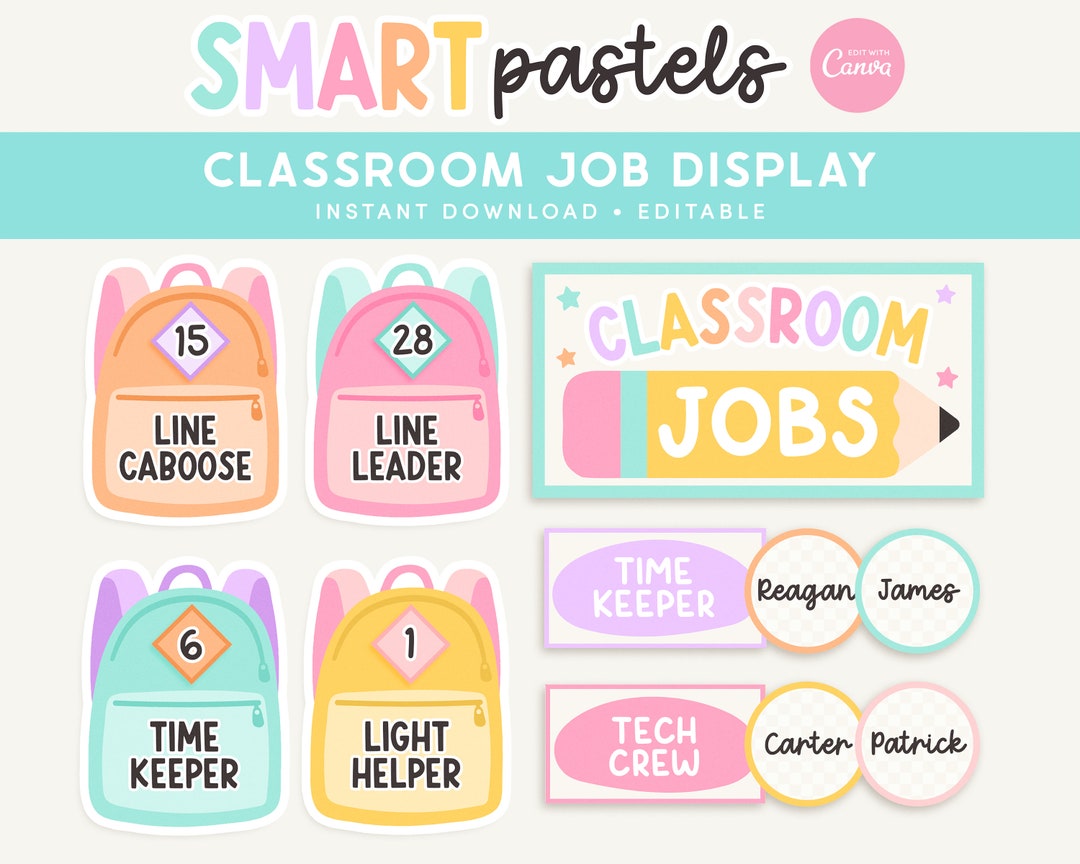 Classroom Job Display, Editable Retro Canva Templates, Bright Pastel ...