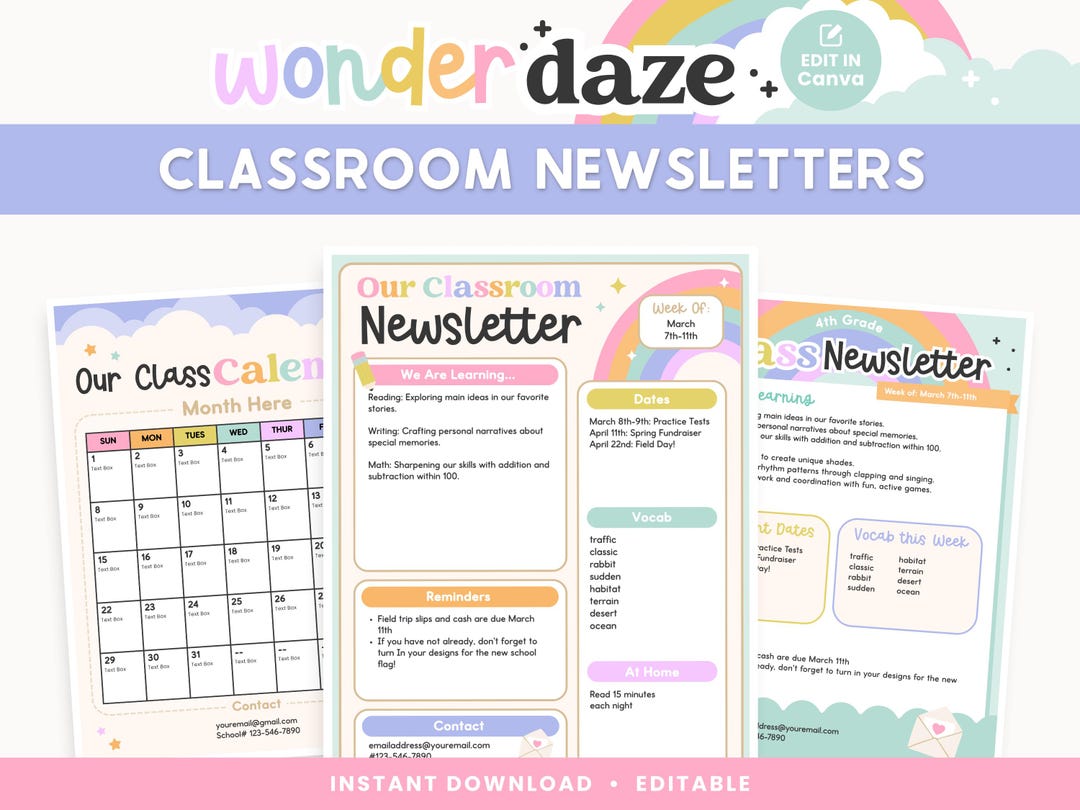 Classroom Newsletter Editable Templates, Back to School, Colorful ...