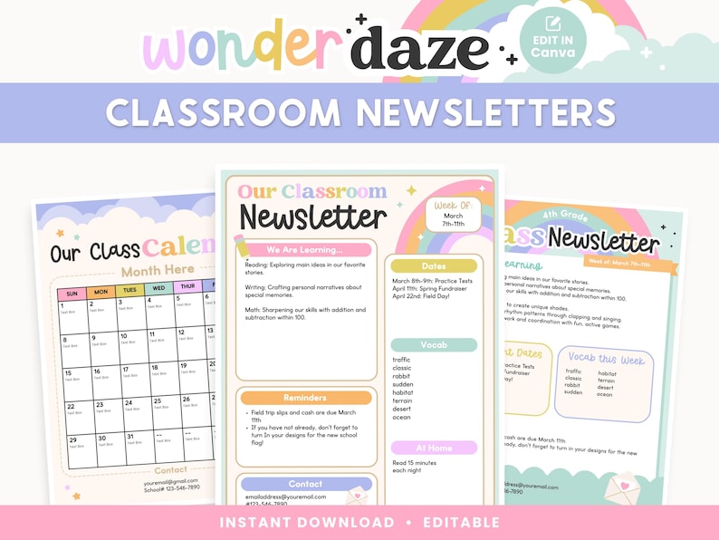 Classroom Newsletter Editable Templates, Back to School, Colorful ...