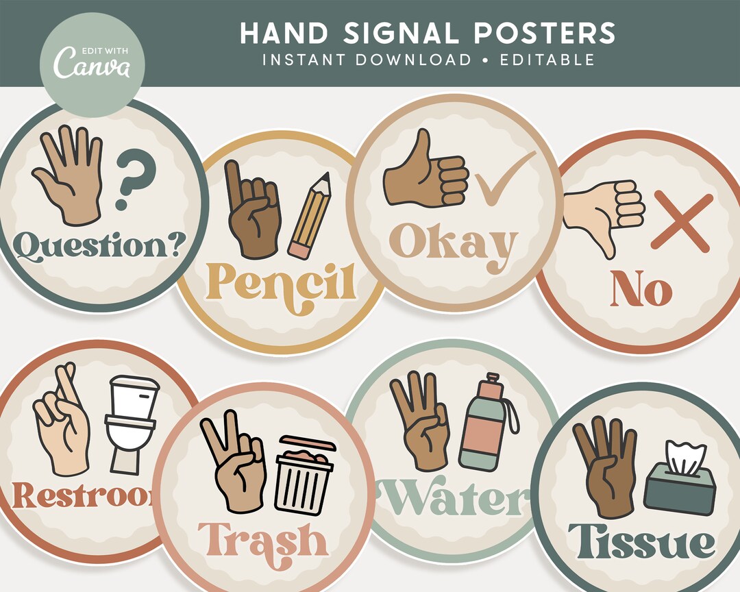 Classroom Hand Signals Poster Display Editable in Canva Boho - Etsy UK