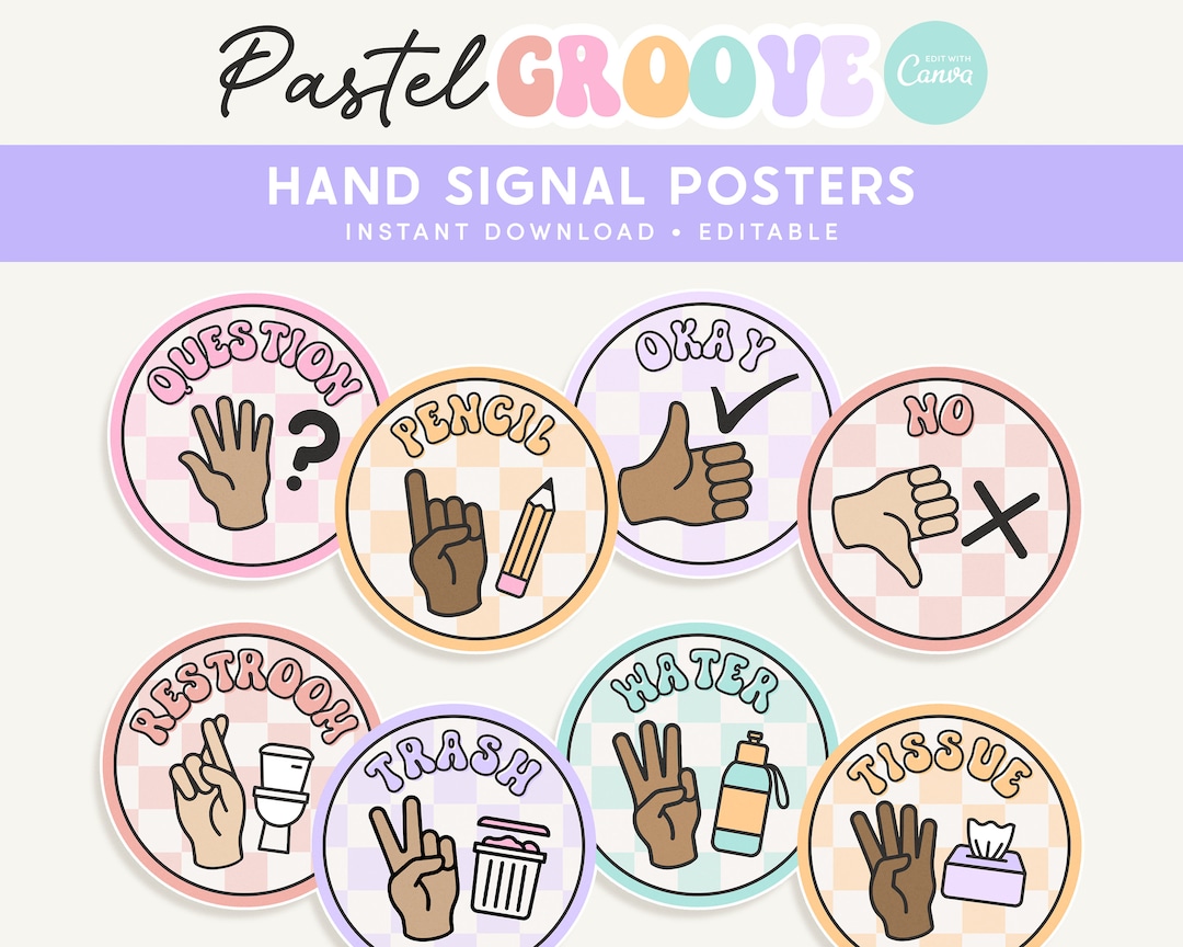 Classroom Hand Signals Poster Display, Editable in Canva, Pastel Groovy ...