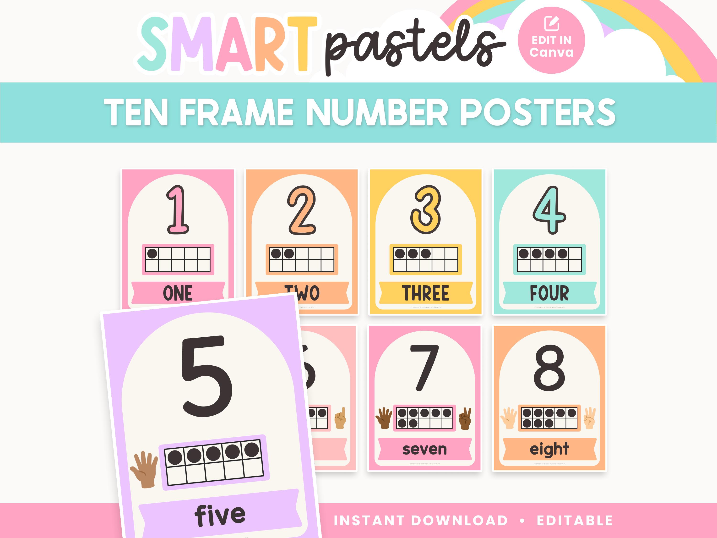 Number Ten Frames Classroom Editable Posters, Bright Pastels Counting ...