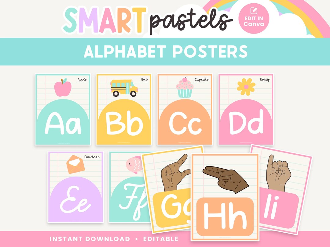 Alphabet Classroom Editable Posters, ASL Letter Templates, Cute Rainbow ...