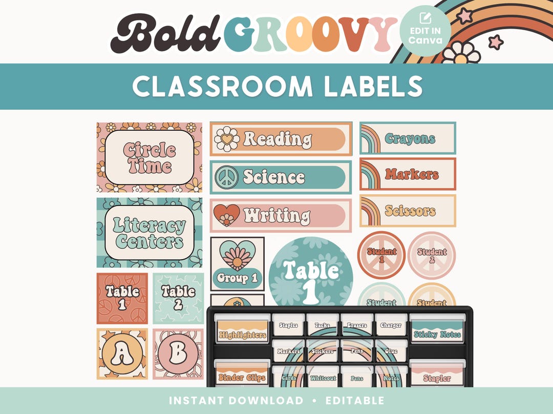 Classroom Labels Editable Templates, Groovy Retro Classroom ...