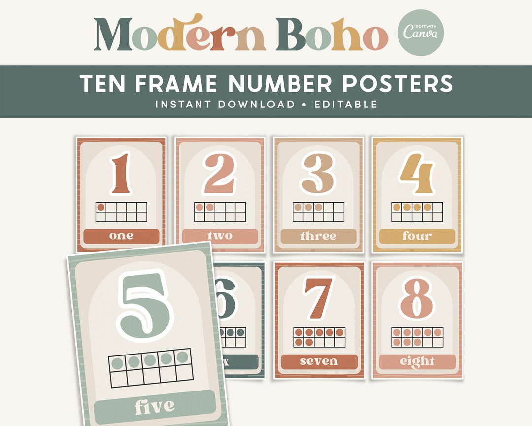 Number Ten Frames Classroom Editable Posters, Modern Boho Counting ...