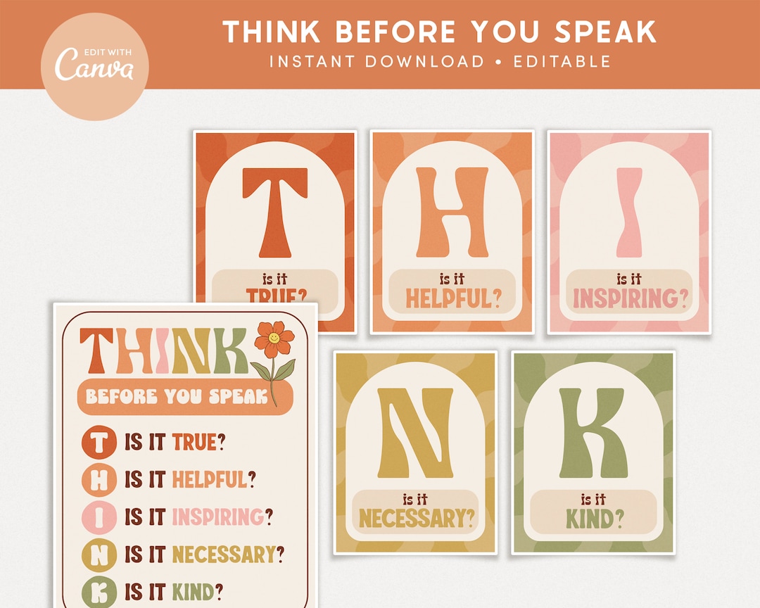 Editable Think Classroom Printable Posters, Think Before You Speak ...