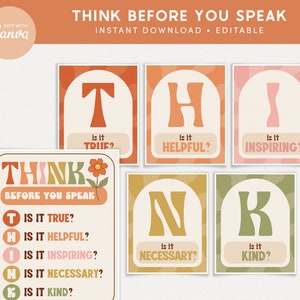 Editable Think Classroom Printable Posters, Think Before You Speak ...