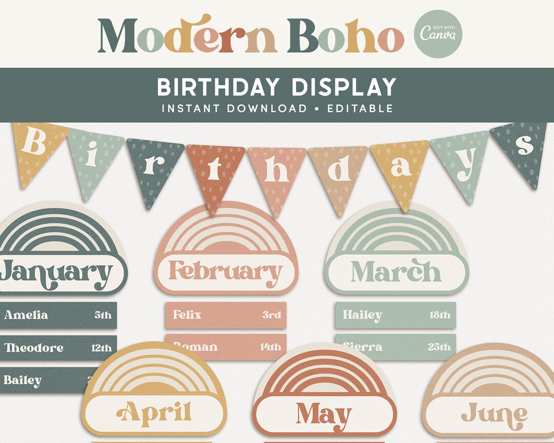 Classroom Birthday Printable Display, Editable in Canva, Boho Modern ...