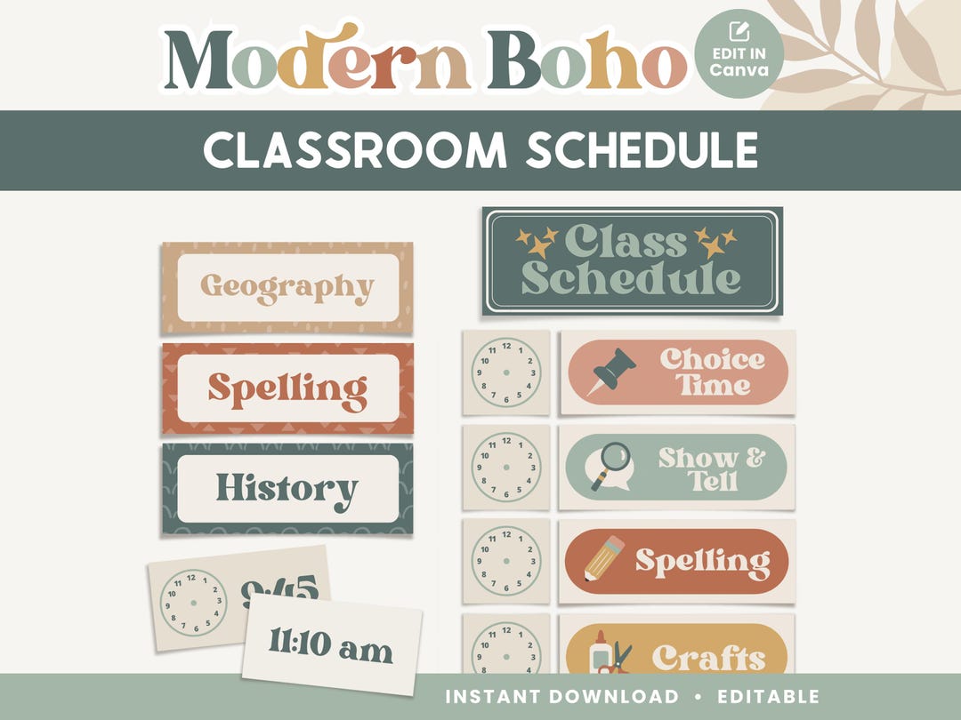 Classroom Schedule, Editable Modern Boho Canva Template, Classroom ...