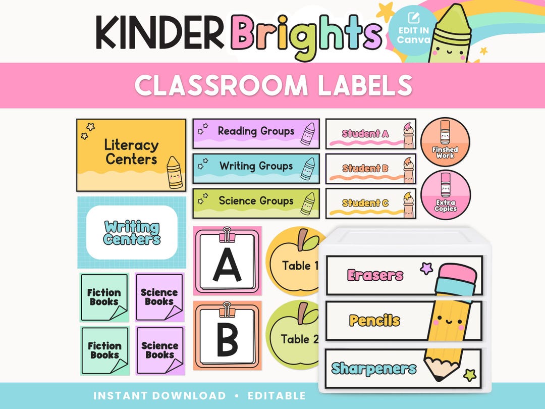 Classroom Labels Editable Templates, Bright Pastels Classroom ...