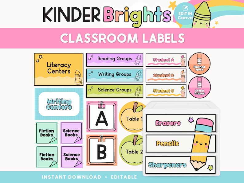Classroom Labels Editable Templates, Bright Pastels Classroom ...