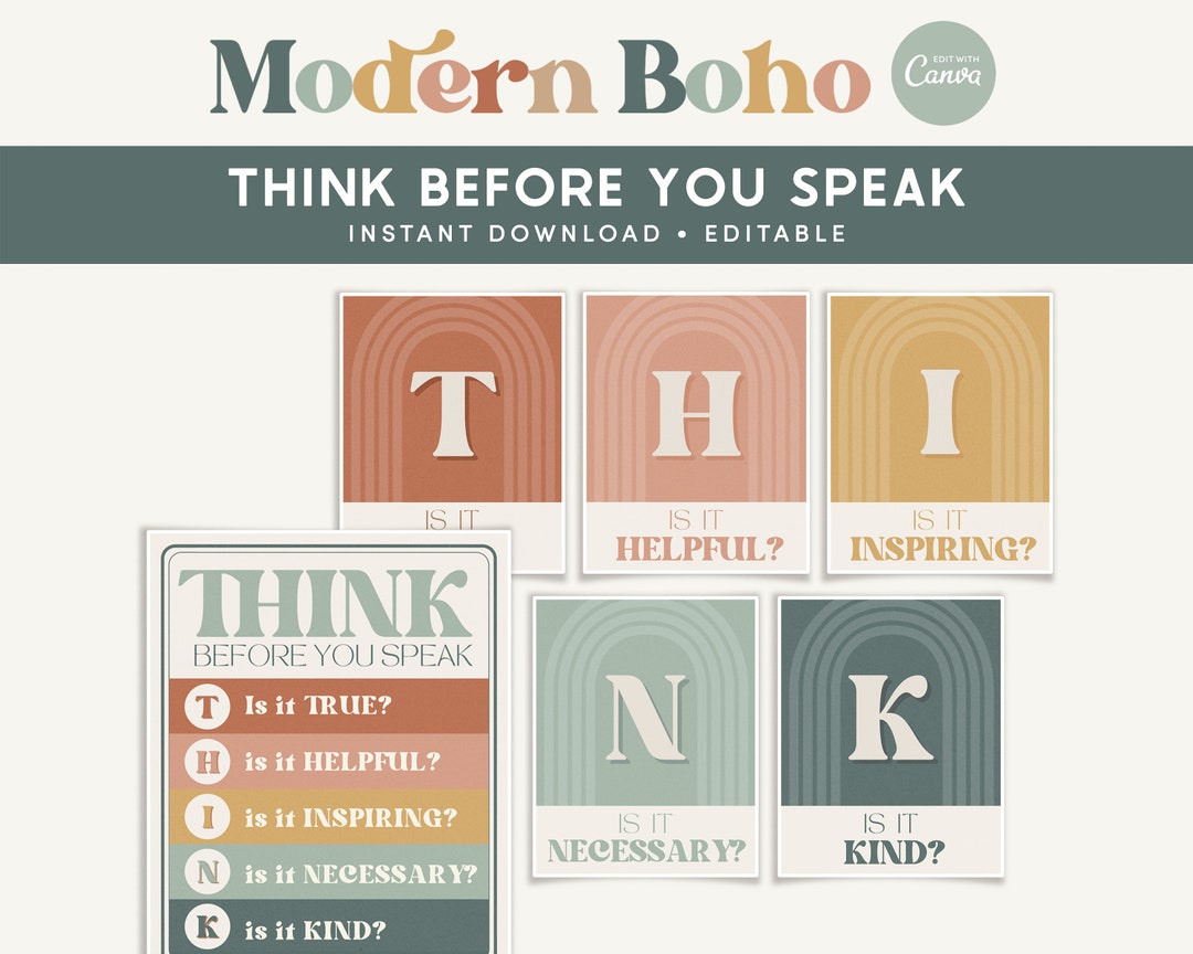 Think Before You Speak Editable Classroom Posters, Printable Canva Boho ...