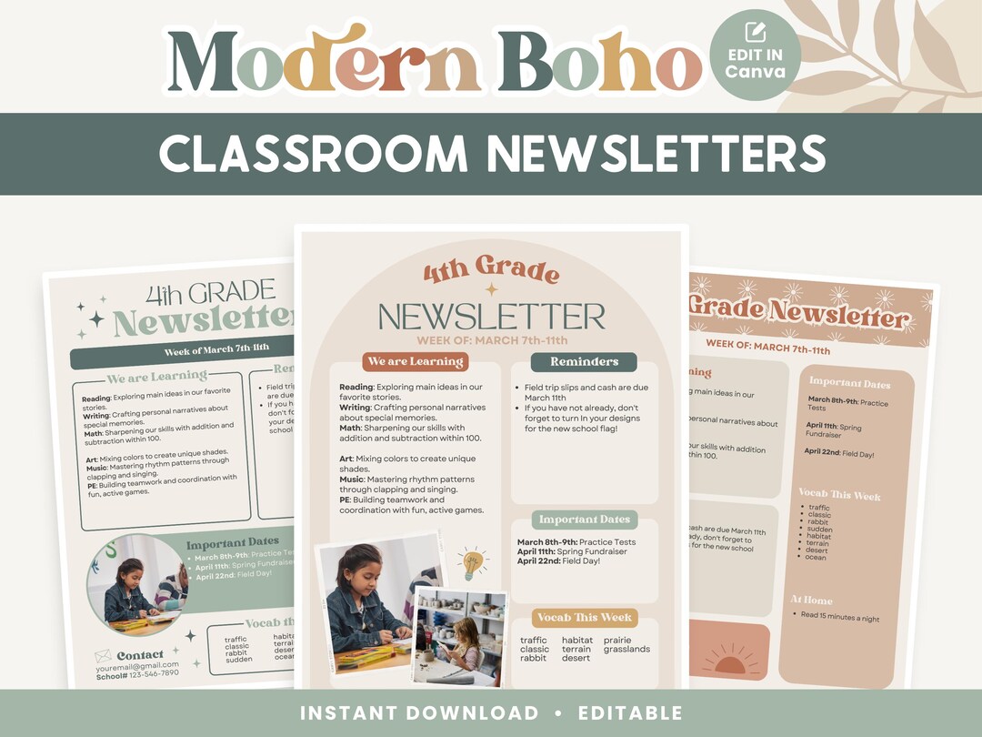 Classroom Newsletter Editable Templates, Back to School, Modern Boho ...