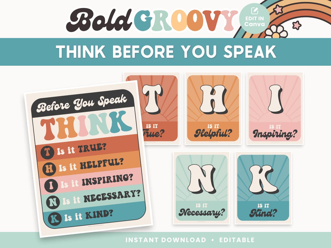 Think Before You Speak Editable Classroom Posters, Printable Canva ...