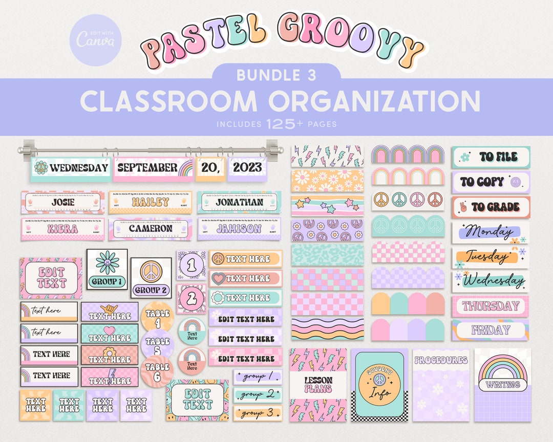 Editable Classroom Organization Pastel Groovy Bundle, Printable Canva ...