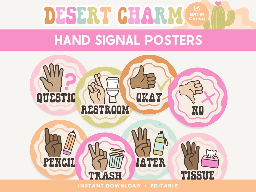 Classroom Hand Signals Poster Display, Editable in Canva, Bright Desert ...