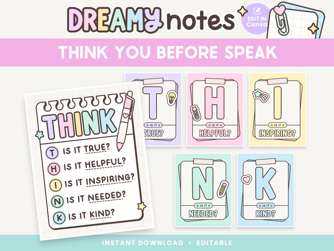 Editable Think Classroom Printable Posters, Think Before You Speak ...