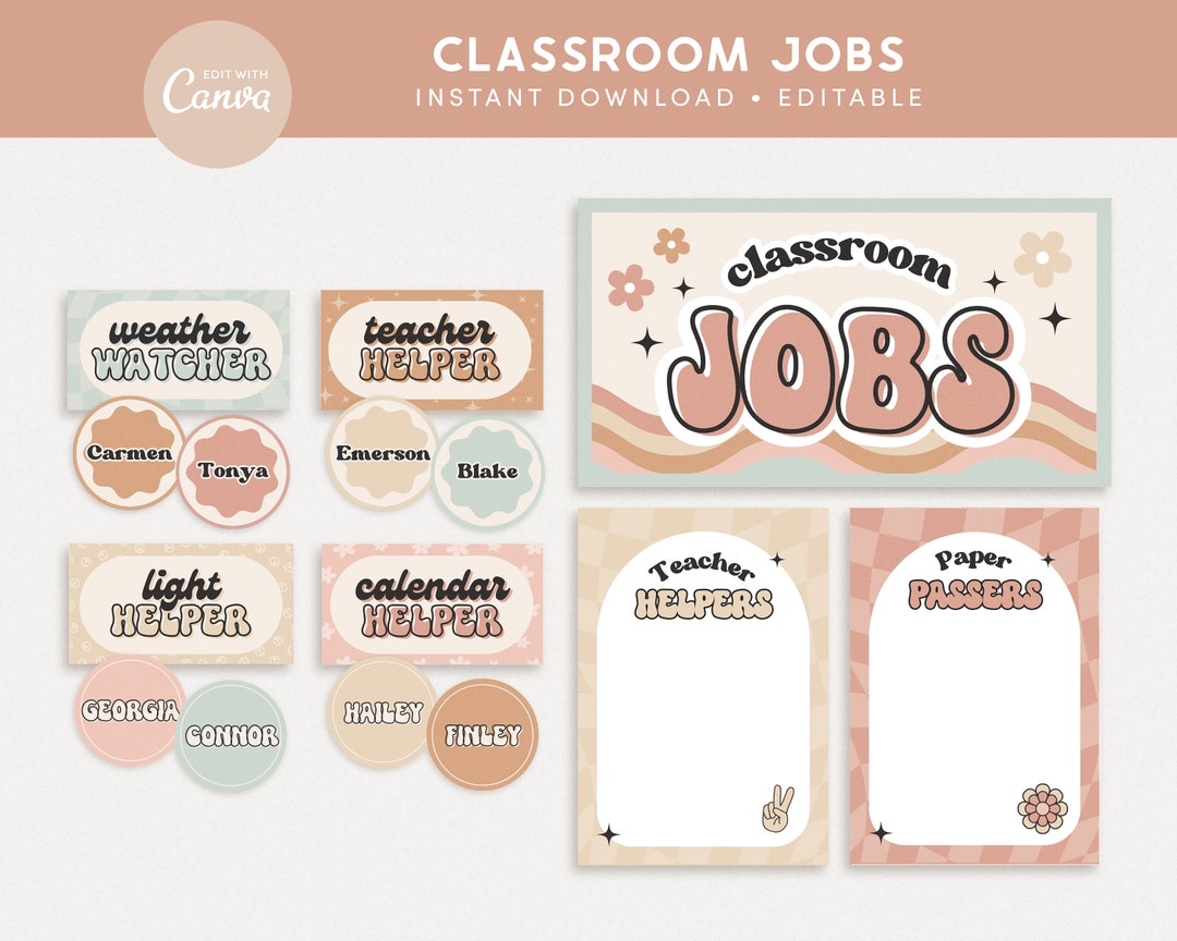 Classroom Job Display, Editable Retro Canva Templates, Pastel Groovy ...
