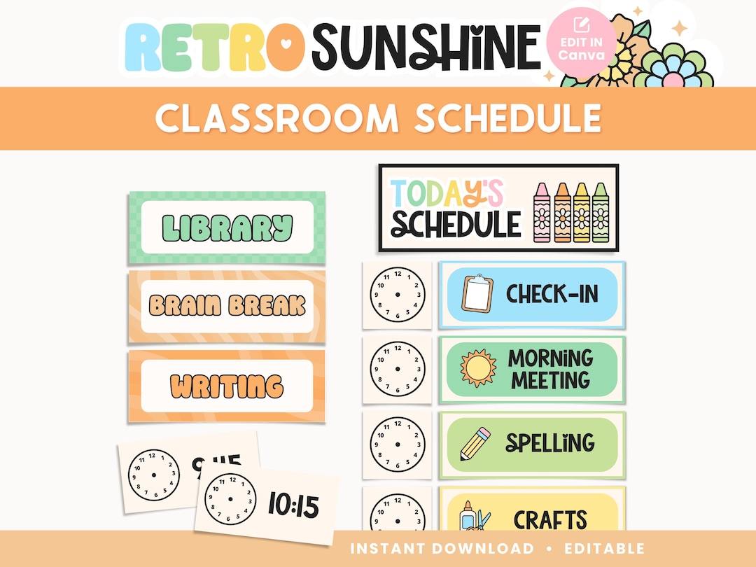 Retro Sunshine Classroom Schedule Cards | Editable Canva Daily Schedule ...