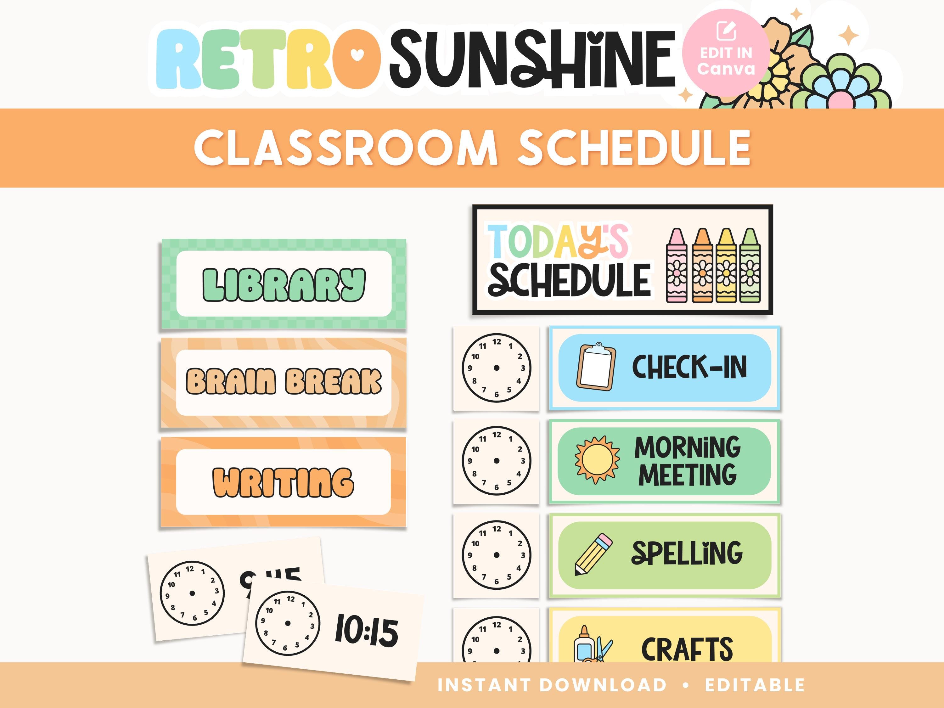 Retro Sunshine Classroom Schedule Cards | Editable Canva Daily Schedule ...