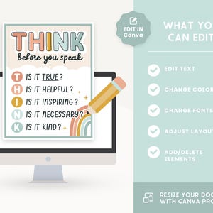 Editable Think Classroom Printable Posters, Think Before You Speak ...
