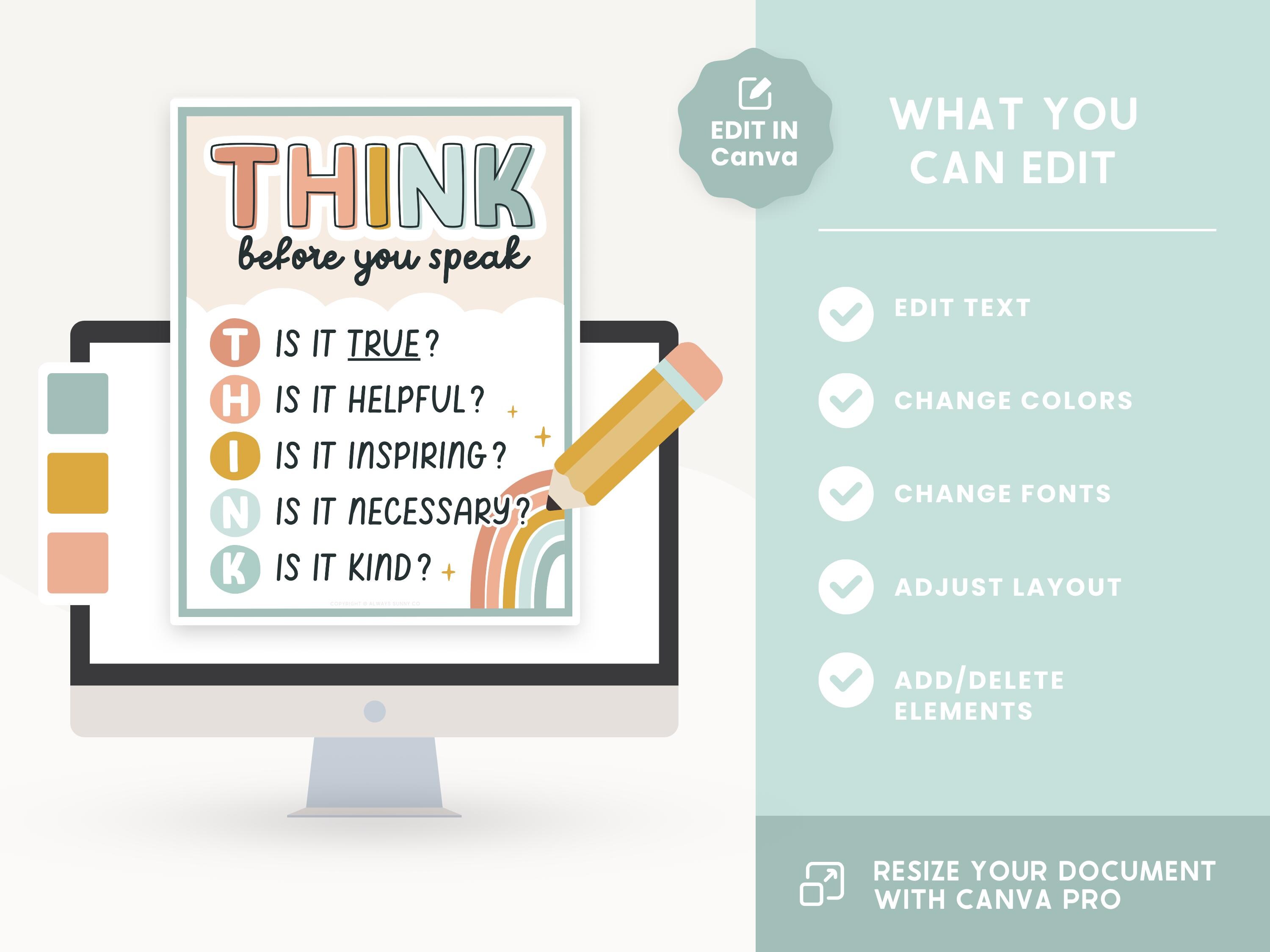 Editable Think Classroom Printable Posters, Think Before You Speak ...