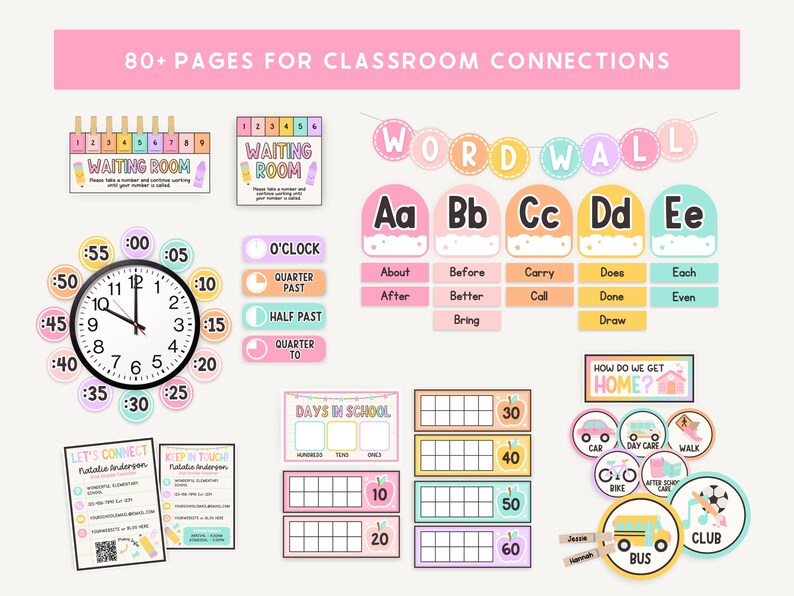 Editable Classroom Connections Printable Bundle, Bright Pastel Word ...