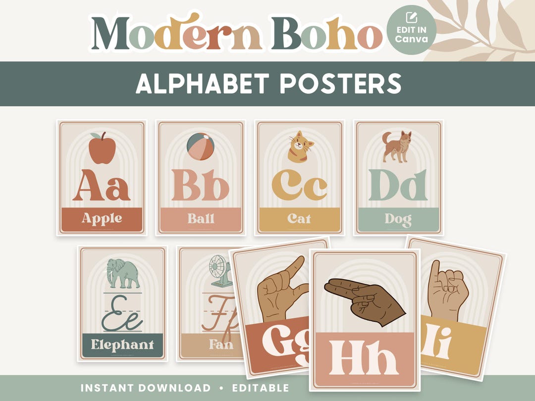 Alphabet Classroom Editable Posters, Letter Templates, Boho Canva ...