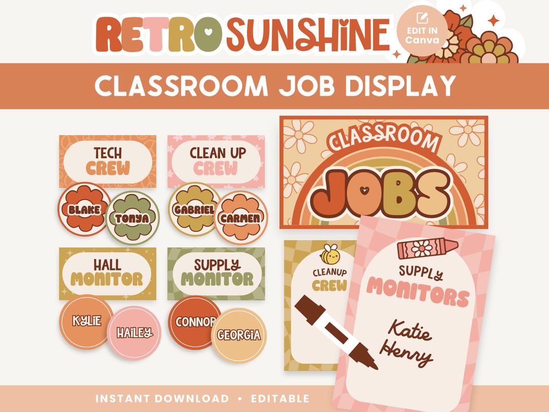 Classroom Job Display, Editable Canva Templates, Retro Sunshine ...