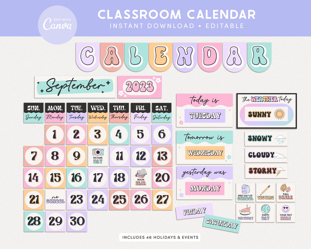 Classroom Calendar Display and Weather Station, Printable Retro Pastel ...