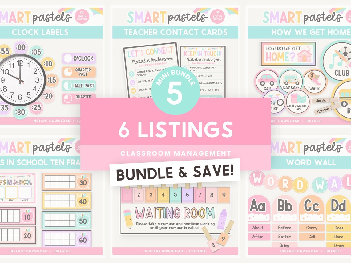 Editable Classroom Connections Printable Bundle, Bright Pastel Word ...
