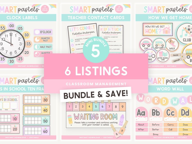 Editable Classroom Connections Printable Bundle, Bright Pastel Word ...