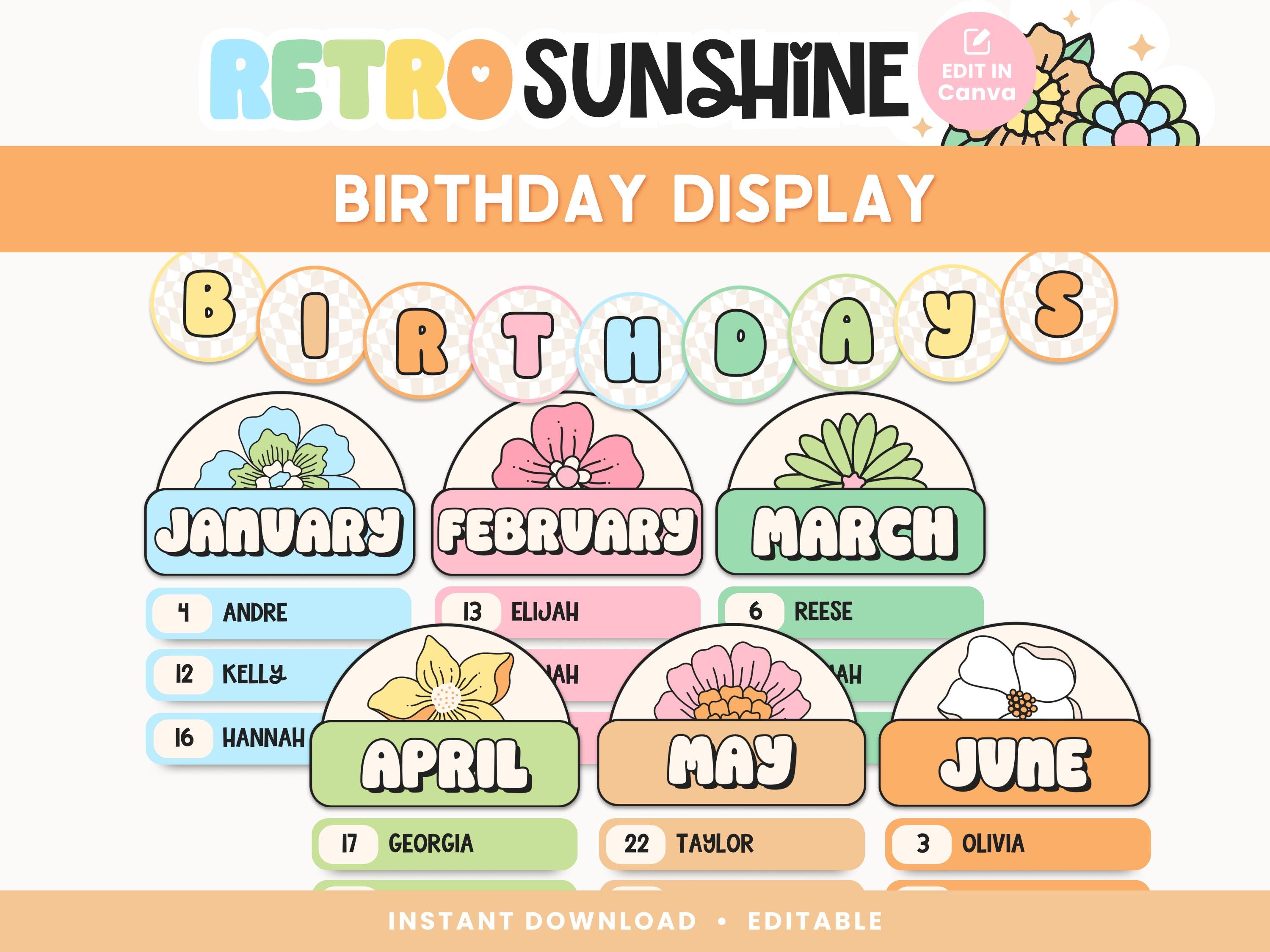 Retro Sunshine Birthday Display | Editable Canva Classroom Birthday ...