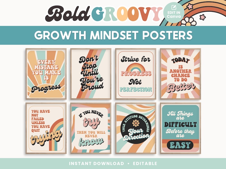 Growth Mindset Editable Classroom Printable Posters, Groovy Retro ...