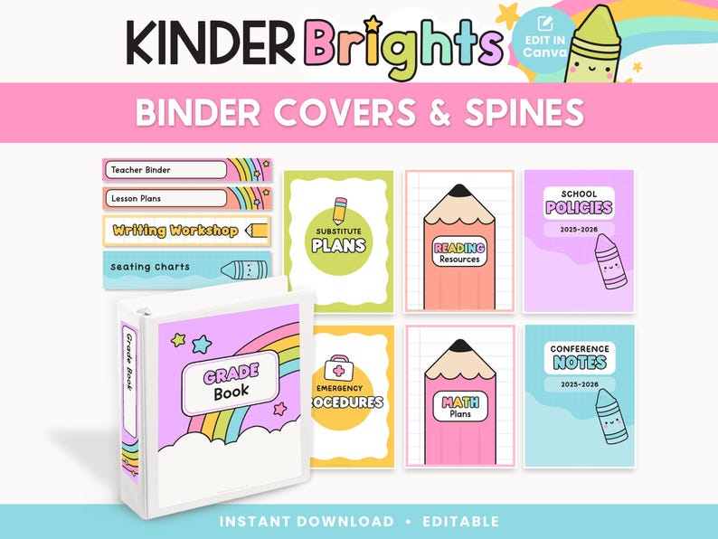 Classroom Binder Covers and Spines, Editable Colorful Cute Teacher ...