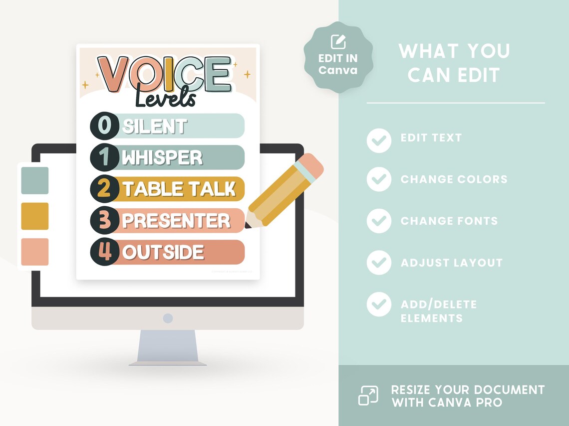 Voice Level Chart Classroom Printable Display, Editable in Canva, Cute ...