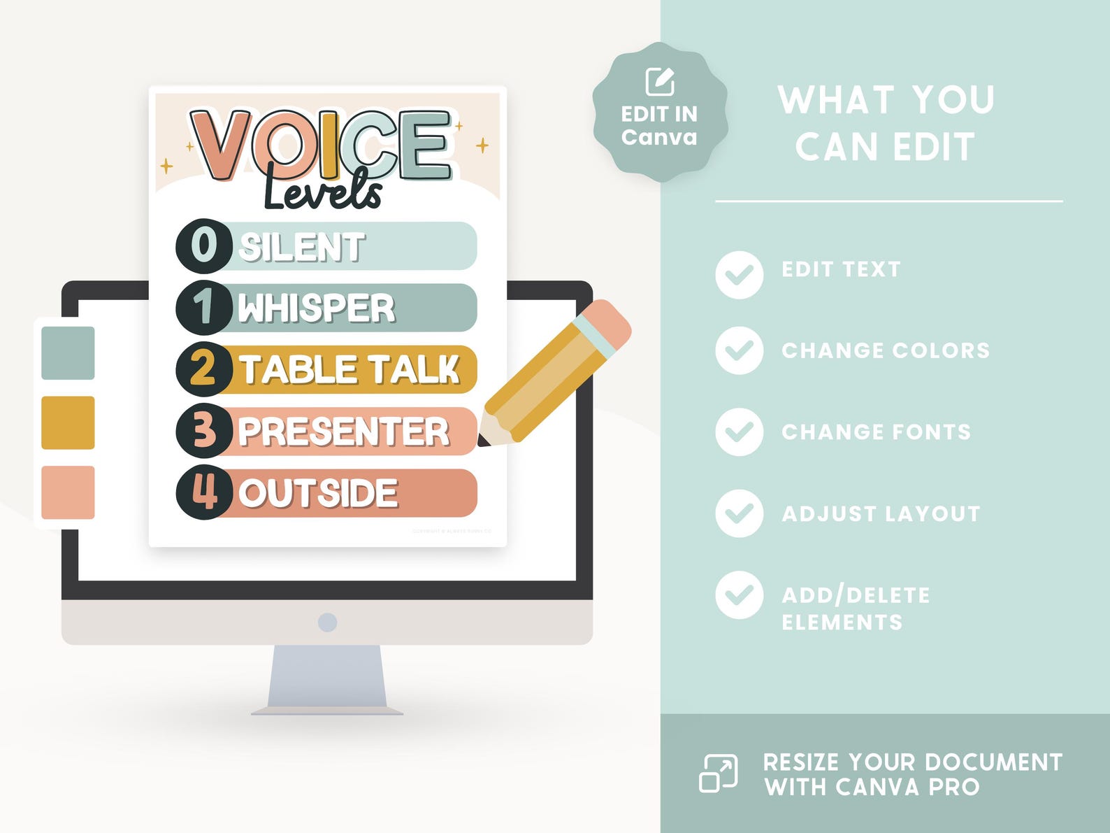 Voice Level Chart Classroom Printable Display, Editable in Canva, Cute ...