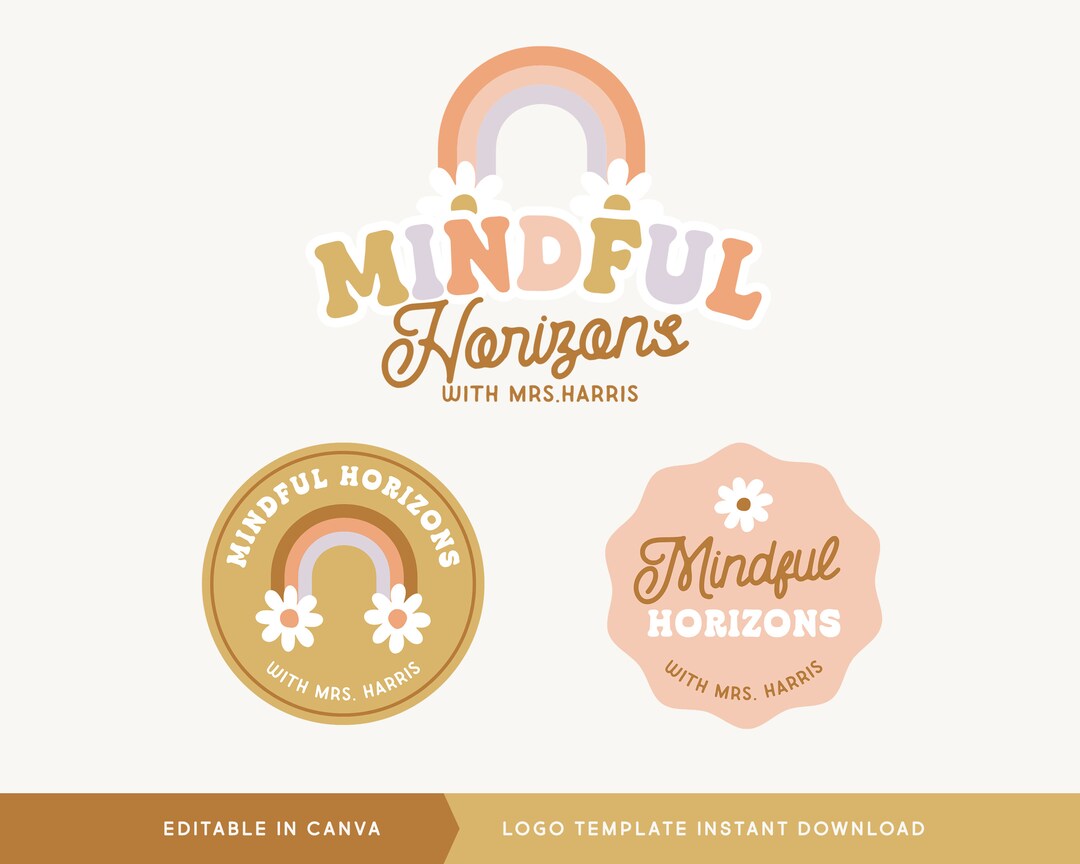 Retro Teacher Logo Design - Editable Canva Template, Rainbow and Floral ...
