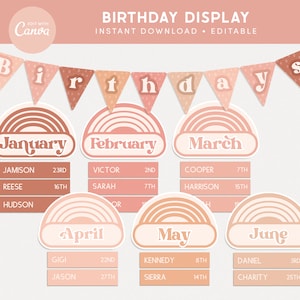 Classroom Birthday Printable Display, Editable in Canva, Boho Modern ...