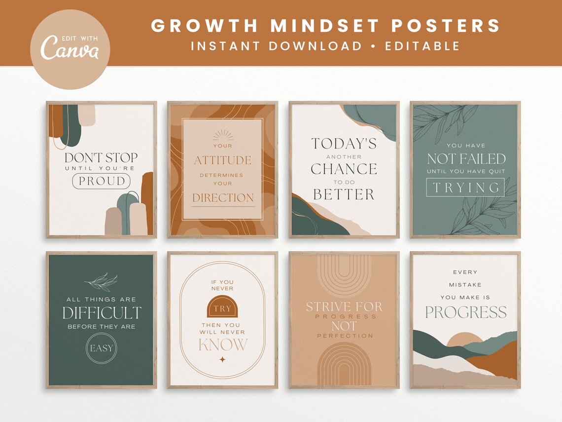 Growth Mindset Editable Classroom Printable Posters, Elegant Boho ...