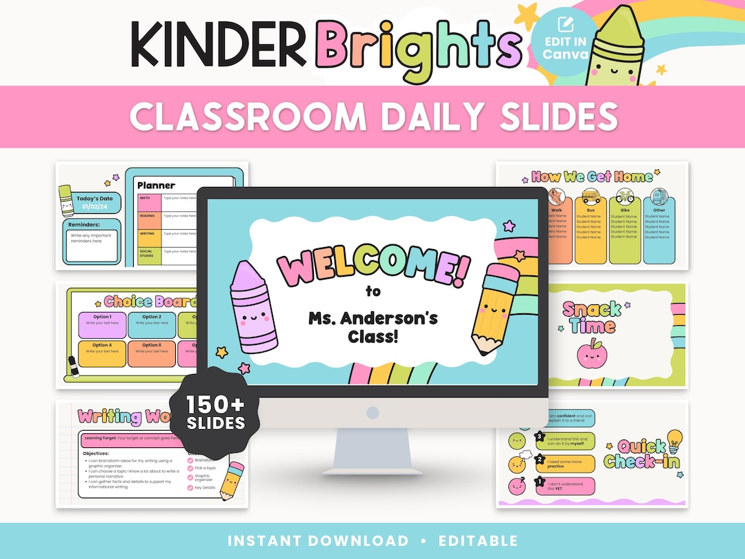 Kinder Brights Classroom Slides | Editable Daily Templates for Canva ...