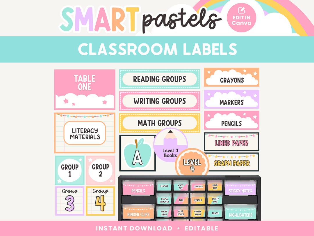Classroom Labels Editable Templates, Bright Pastels Classroom ...