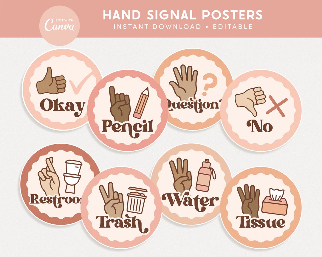 Classroom Hand Signals Poster Display, Editable in Canva, Boho Pink ...