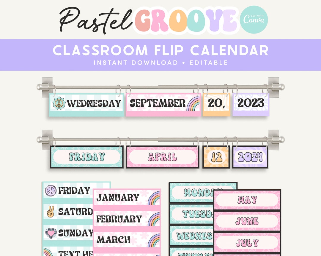 Classroom Flip Calendar Display, Pastel Groovy Classroom Decor ...